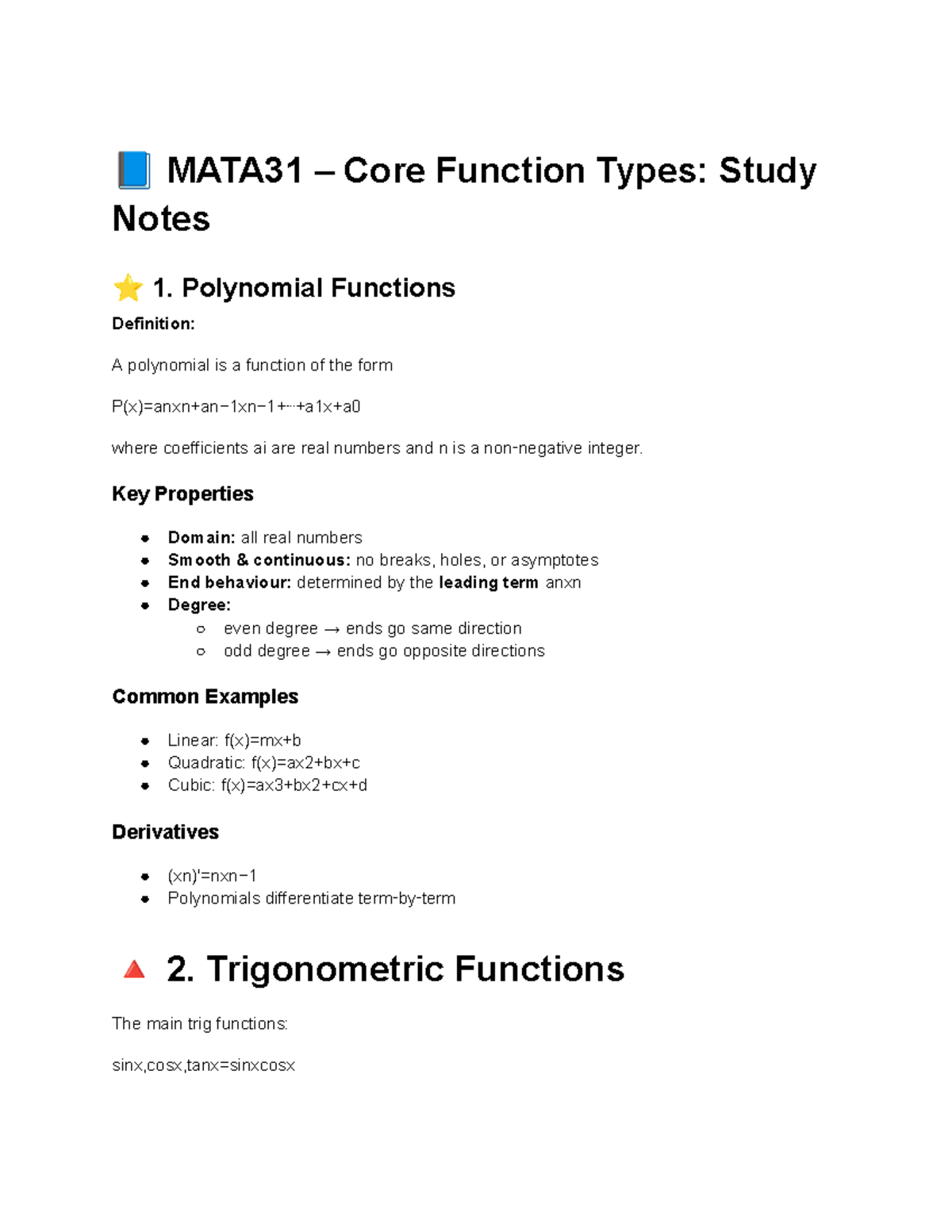 MATA31 Week 1 Study Notes: Core Function Types Overview - Studocu