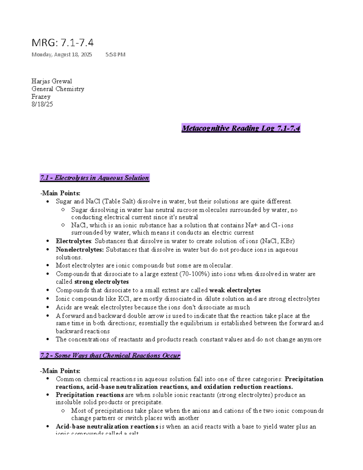 MRG: Metacognitive Reading Log for General Chemistry (Ch. 7.1-7.4 ...