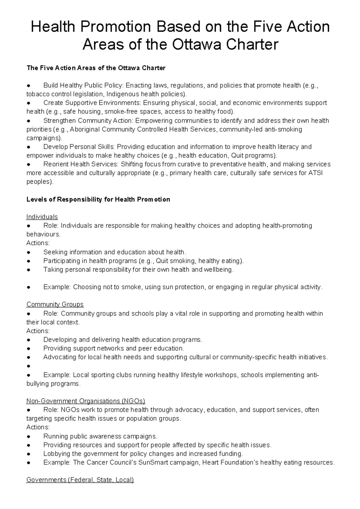 Health Promotion Strategies: Ottawa Charter's Five Action Areas - Studocu