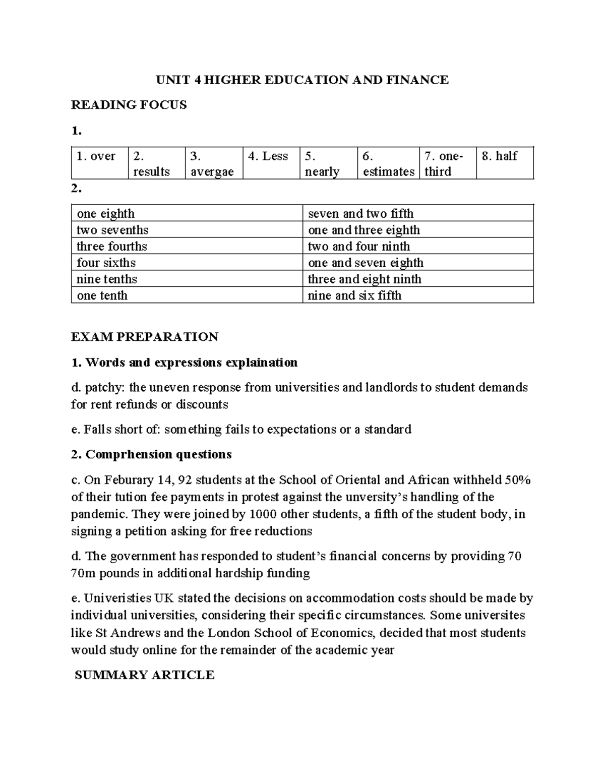 UNIT 4: Higher Education & Finance Exam Prep Notes - Studocu