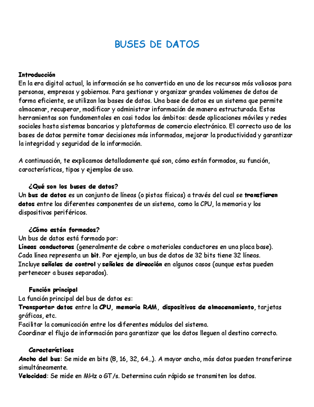 Buses de Datos: Introducción y Funciones Esenciales en Sistemas - Studocu