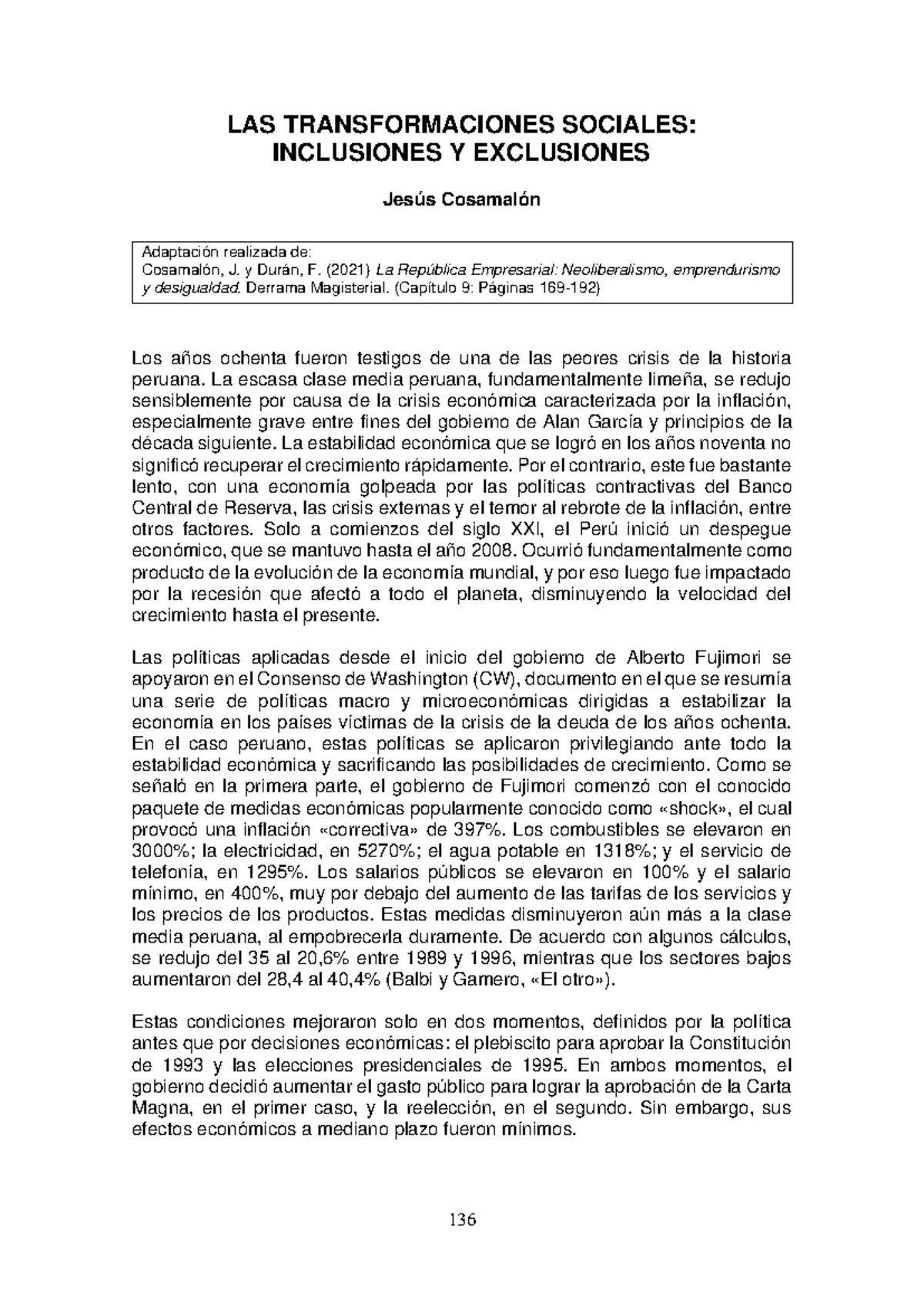 LAS TRANSFORMACIONES SOCIALES EN EL PERÚ: INCLUSIONES Y EXCLUSIONES ...