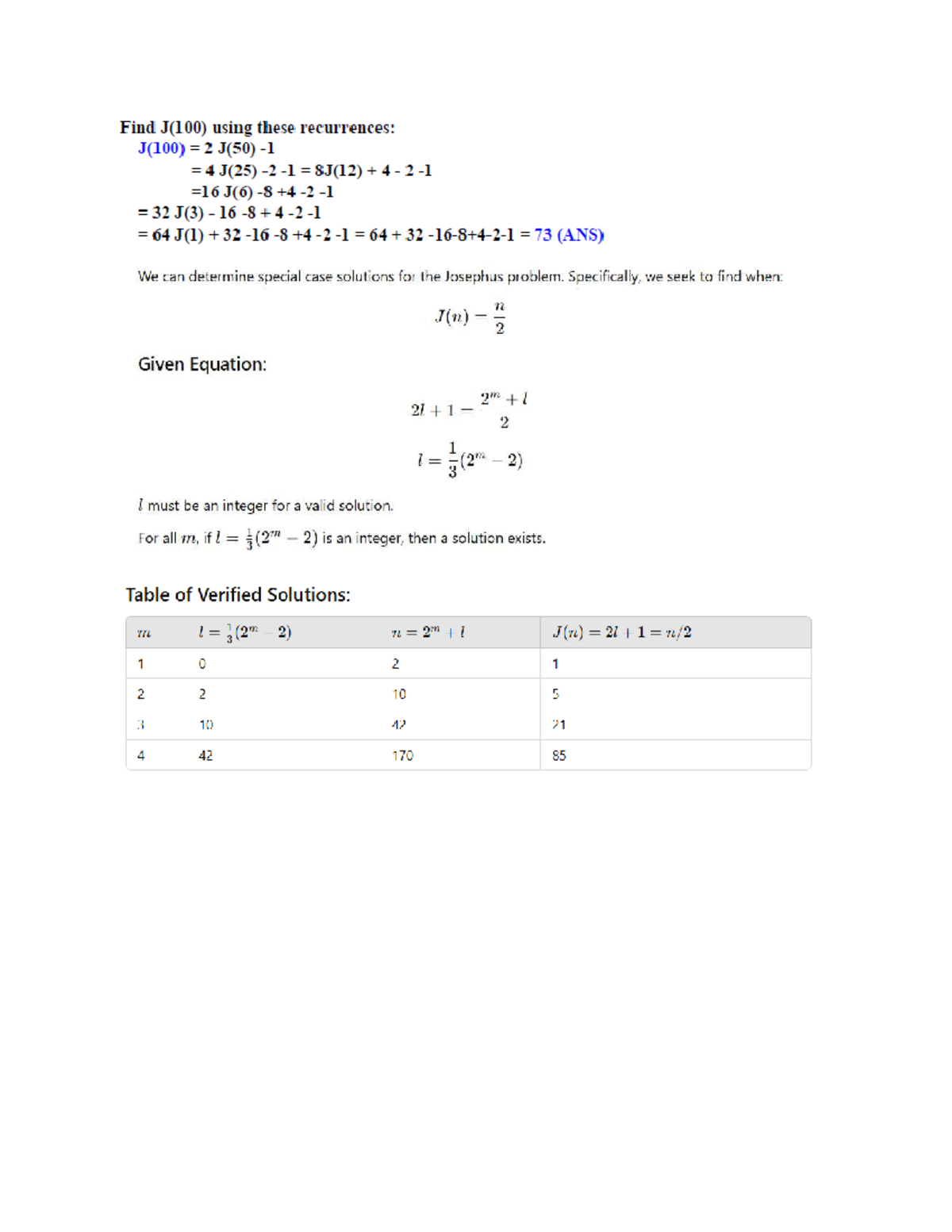 Josephus Problem Analysis: Finding J(100) and Valid n Values - Studocu