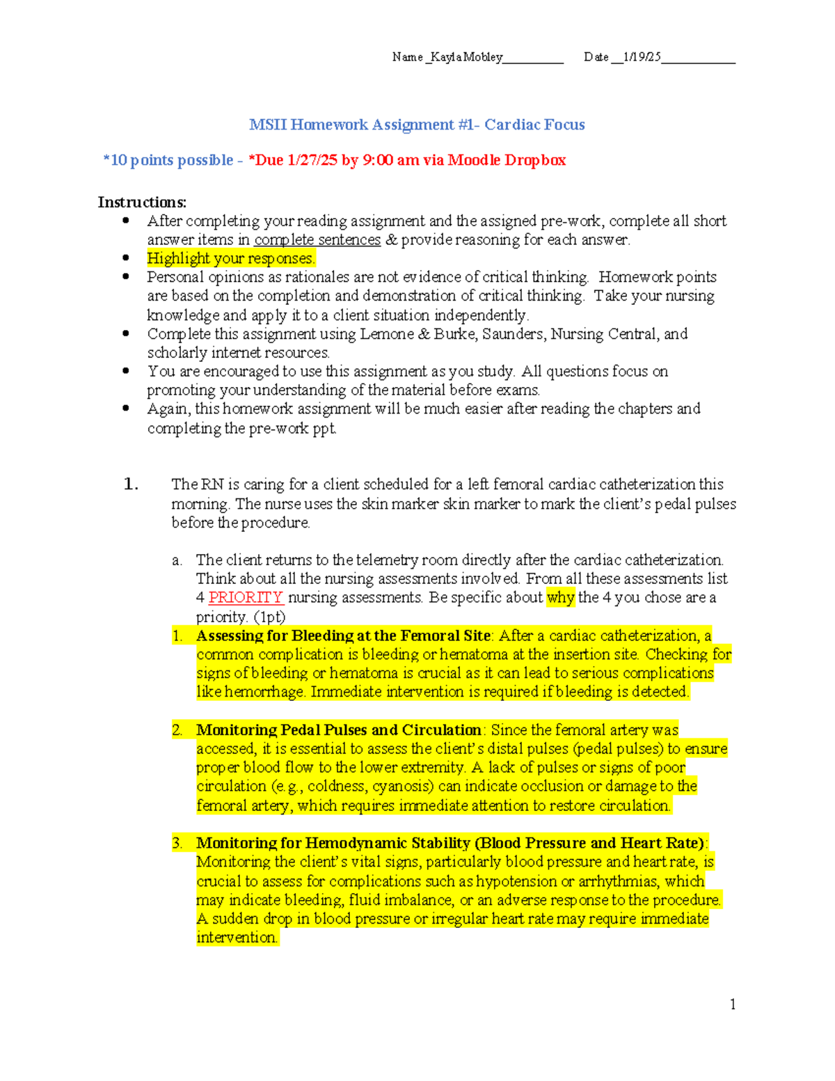 MSII Homework #1: Cardiac Care Focus Points and Nursing Assessments ...