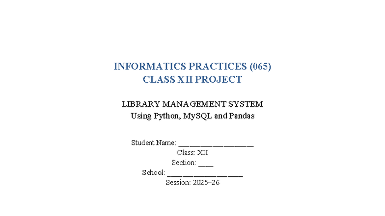 Library Management System (065) CBSE Class XII Final Project - Studocu