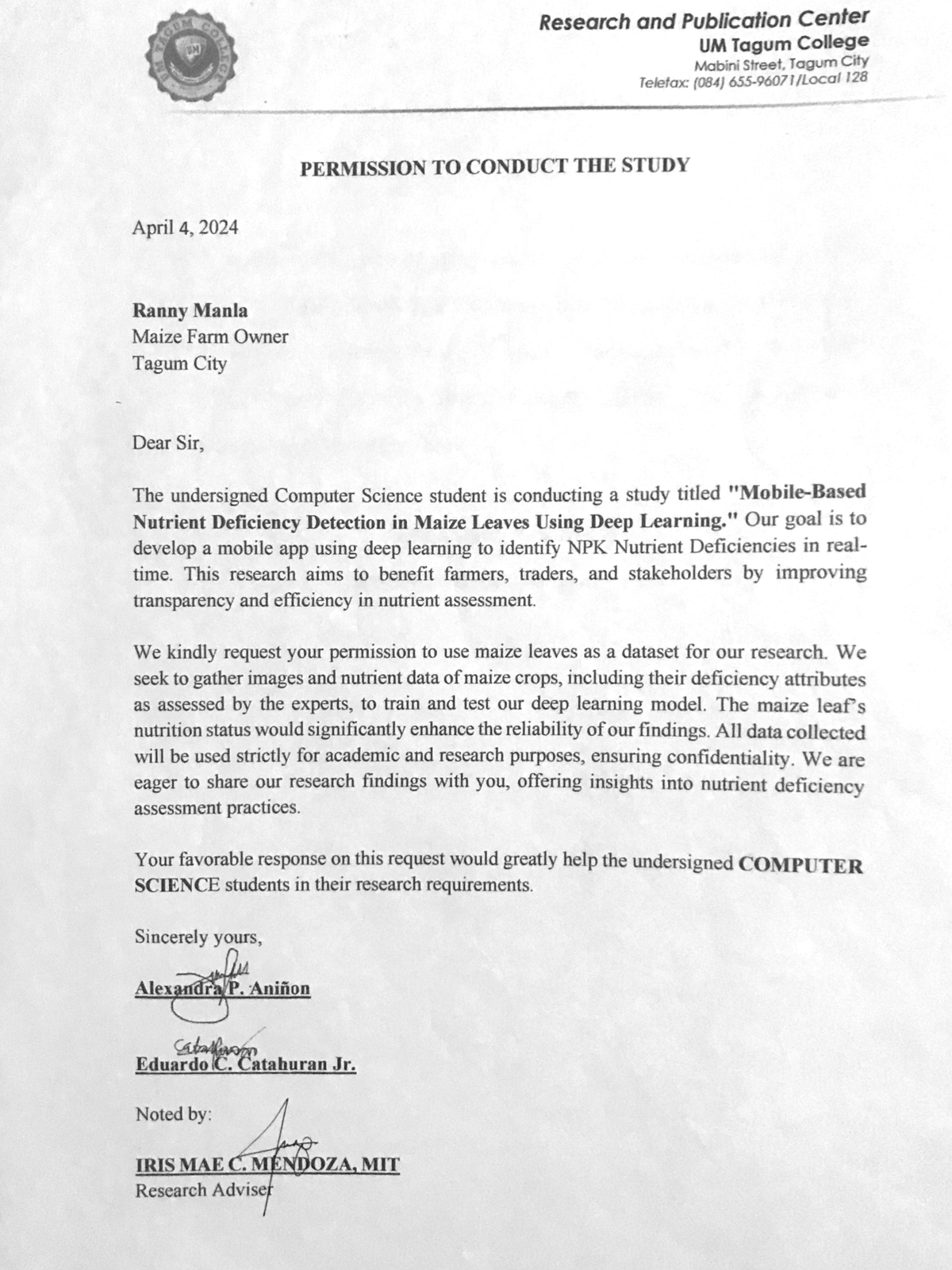 A. Letter Of Permission To Conduct Study - Research and Publication ...