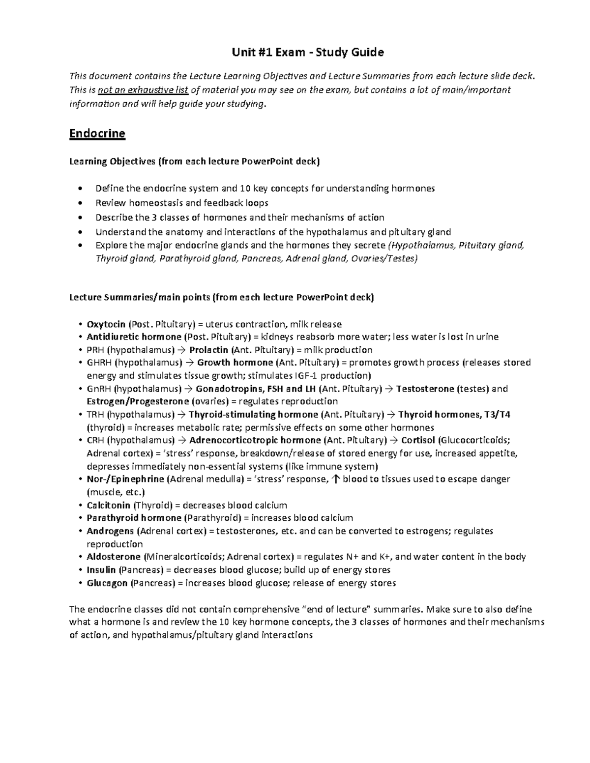 Unit 1 Exam Study Guide: Endocrine & Cardiovascular Systems - Studocu
