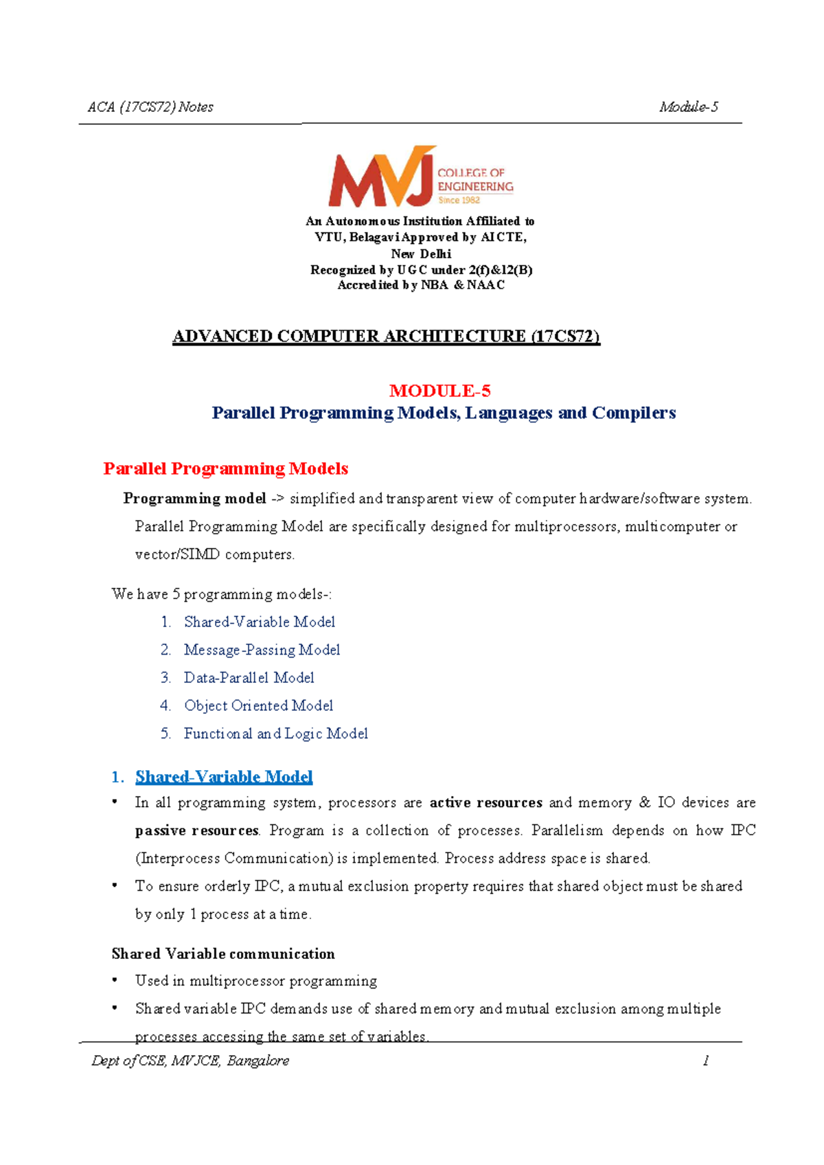 Advanced Computer Architecture (17CS72): Module 5 - Parallel ...