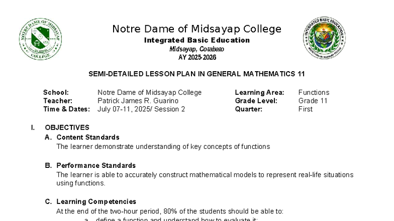Gen Math 11 Lesson Plan: Understanding Functions (Week 1, Session 2 ...