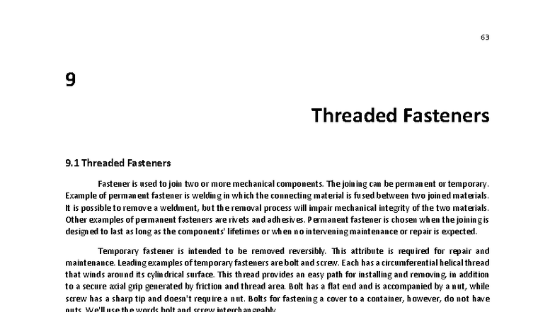 Threaded Fasteners and Their Mechanics: Notes Ch 9-11 - Studocu