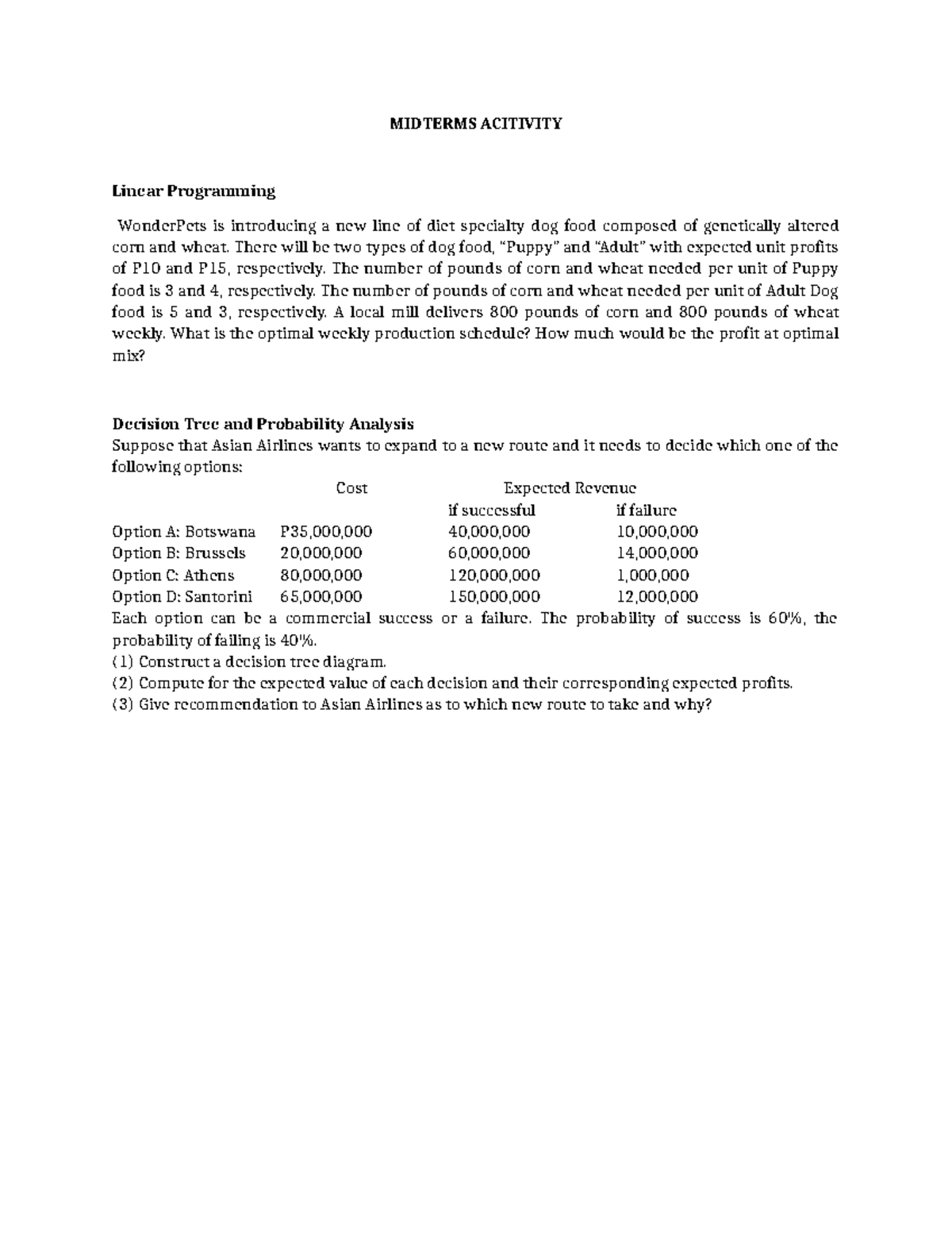 Midterms Activity - 4BSMA1: Linear Programming & Decision Analysis - Studocu