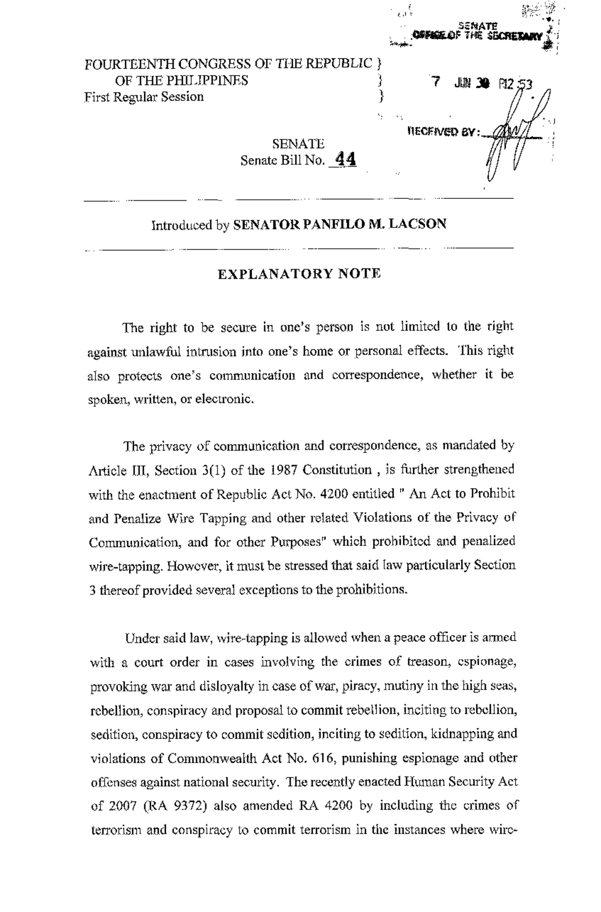 Senate Bill No. 4: Explanatory Note on Wiretapping Amendments - Studocu