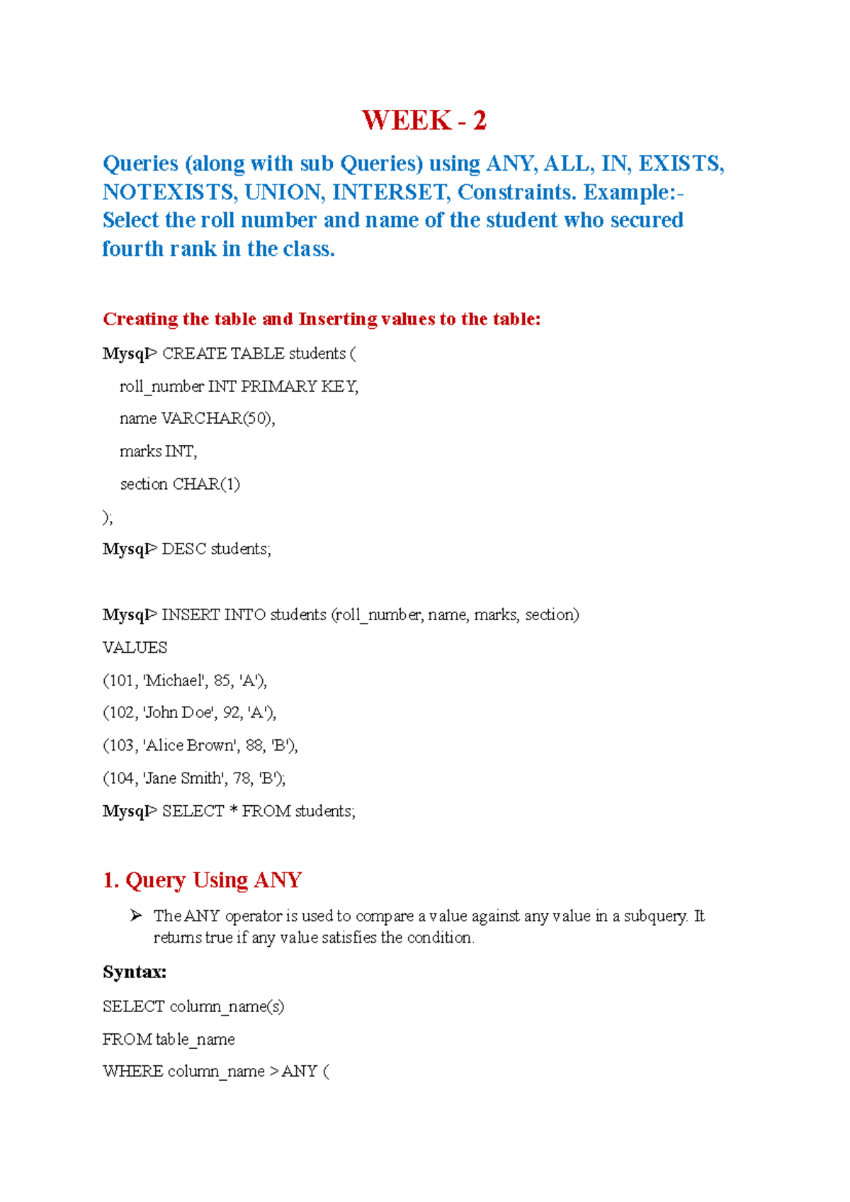 DBMS LAB 2: WEEK 2 Queries with ANY, ALL, IN, EXISTS, UNION, INTERSECT - Studocu