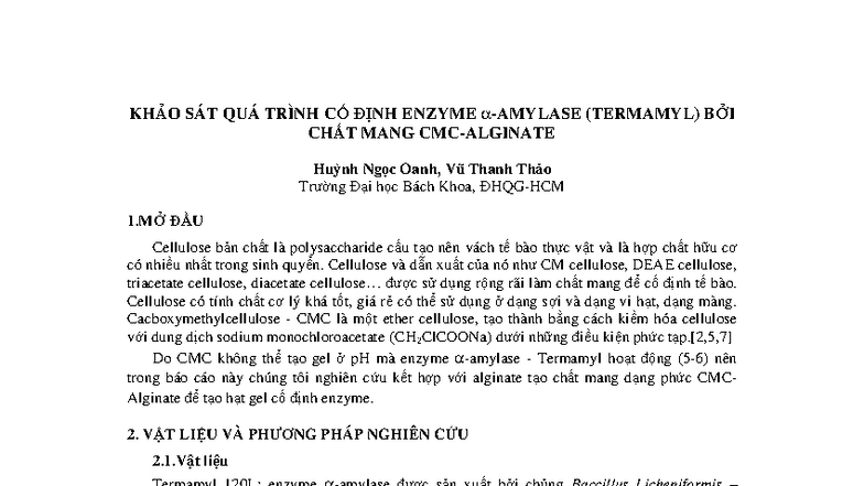 KHẢO SÁT CỐ ĐỊNH ENZYME TERMAMYL BẰNG CMC VÀ ALGINATE - Studocu