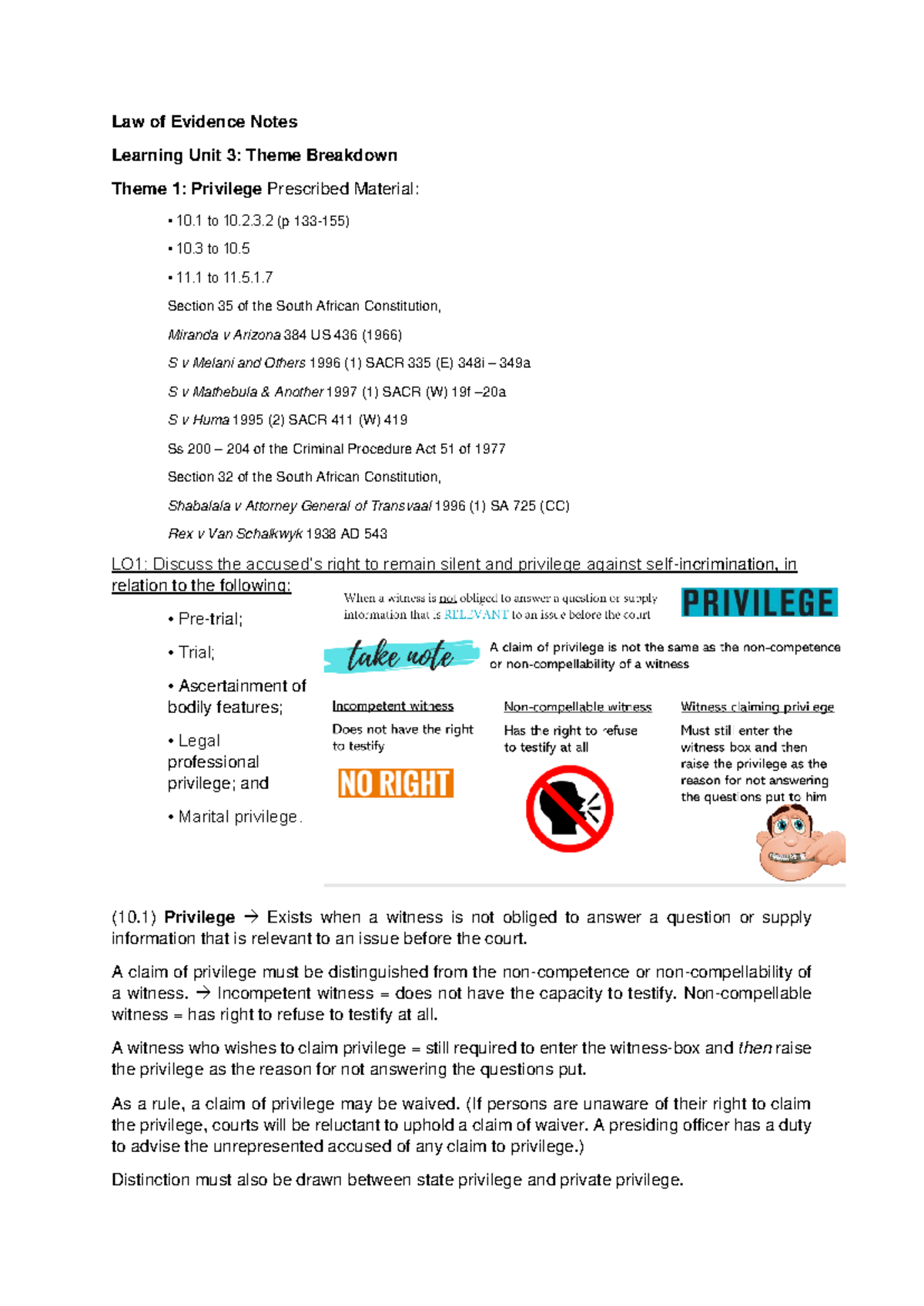 Law of Evidence Lecture Notes - LU 3 - Privilege and Self-Incrimination ...