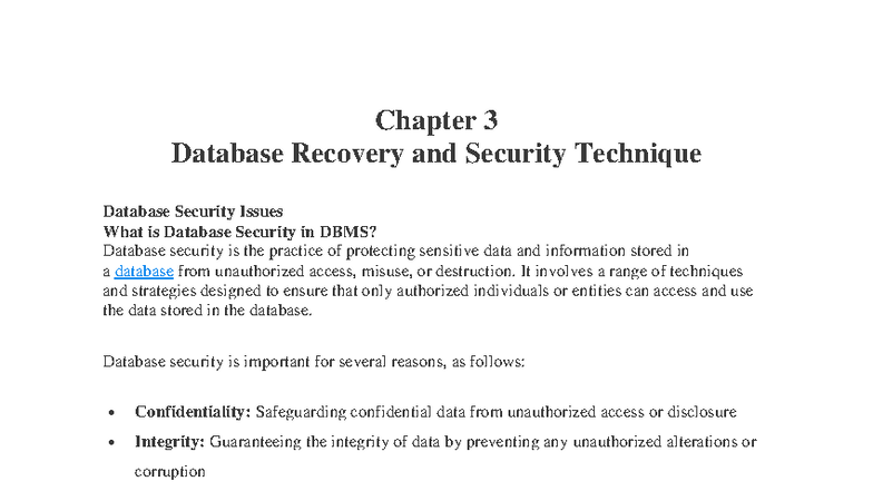 Chapter 3: Database Recovery & Security Techniques (ADBM 101) - Studocu
