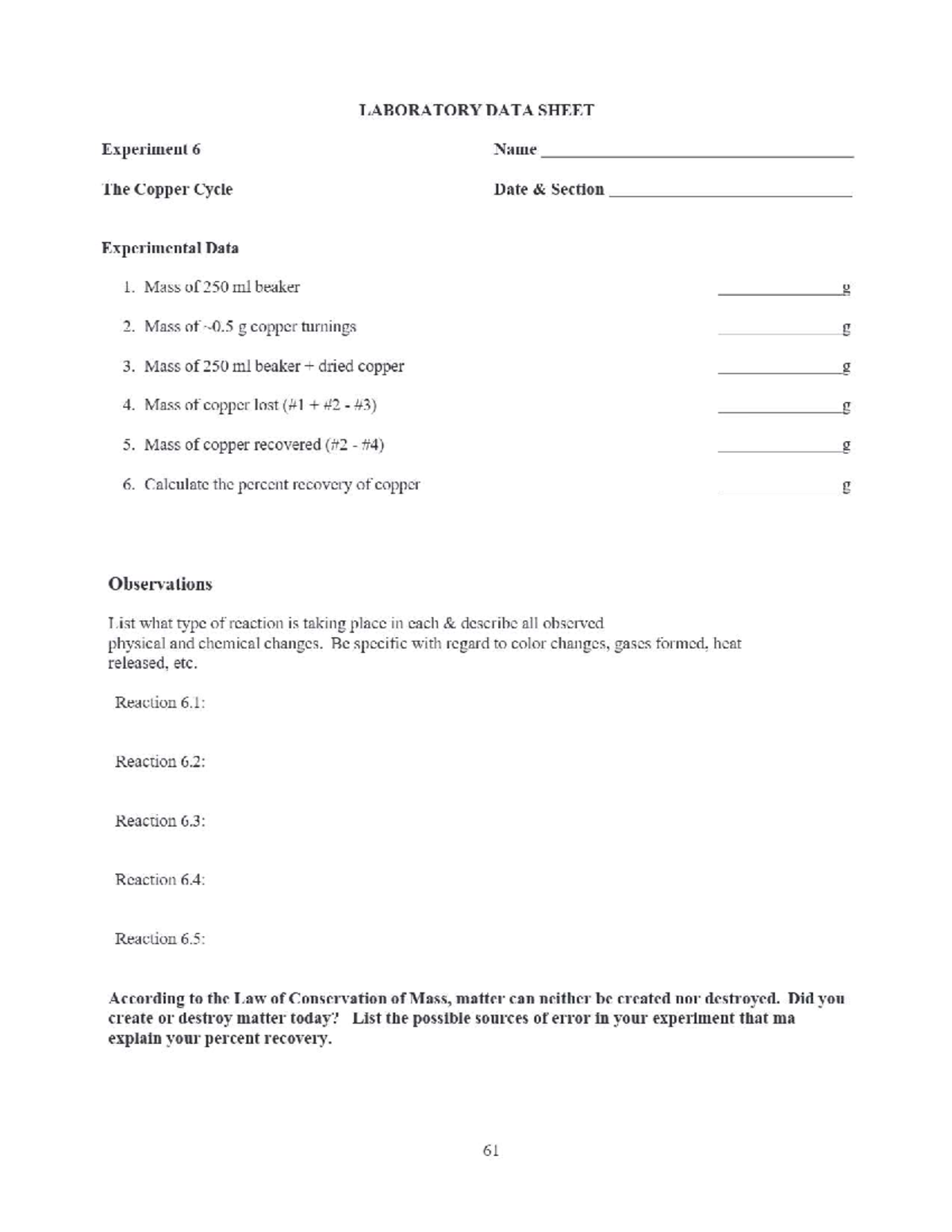 Data Sheet #6 - LABORATORY DATA SHEET Experiment 6 Name The Copper ...