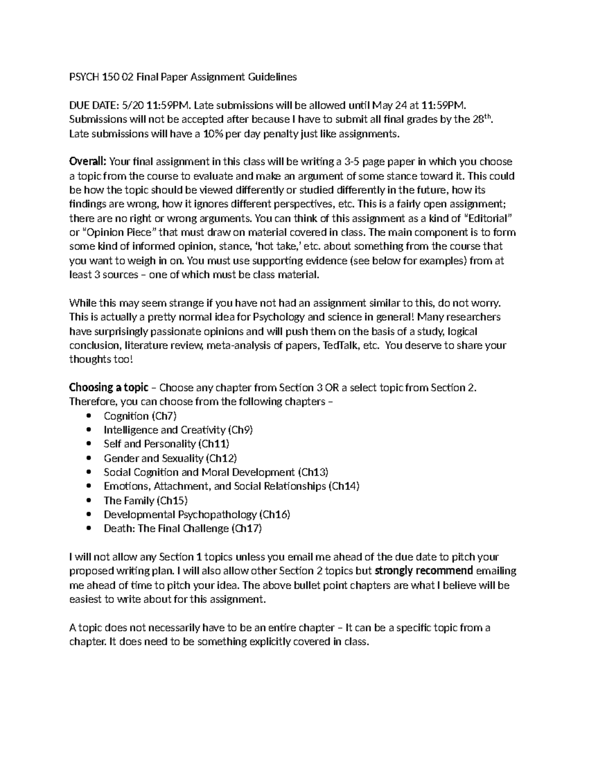 PSYCH 150 02 Final Paper Assignment Guidelines and Tips for Success ...