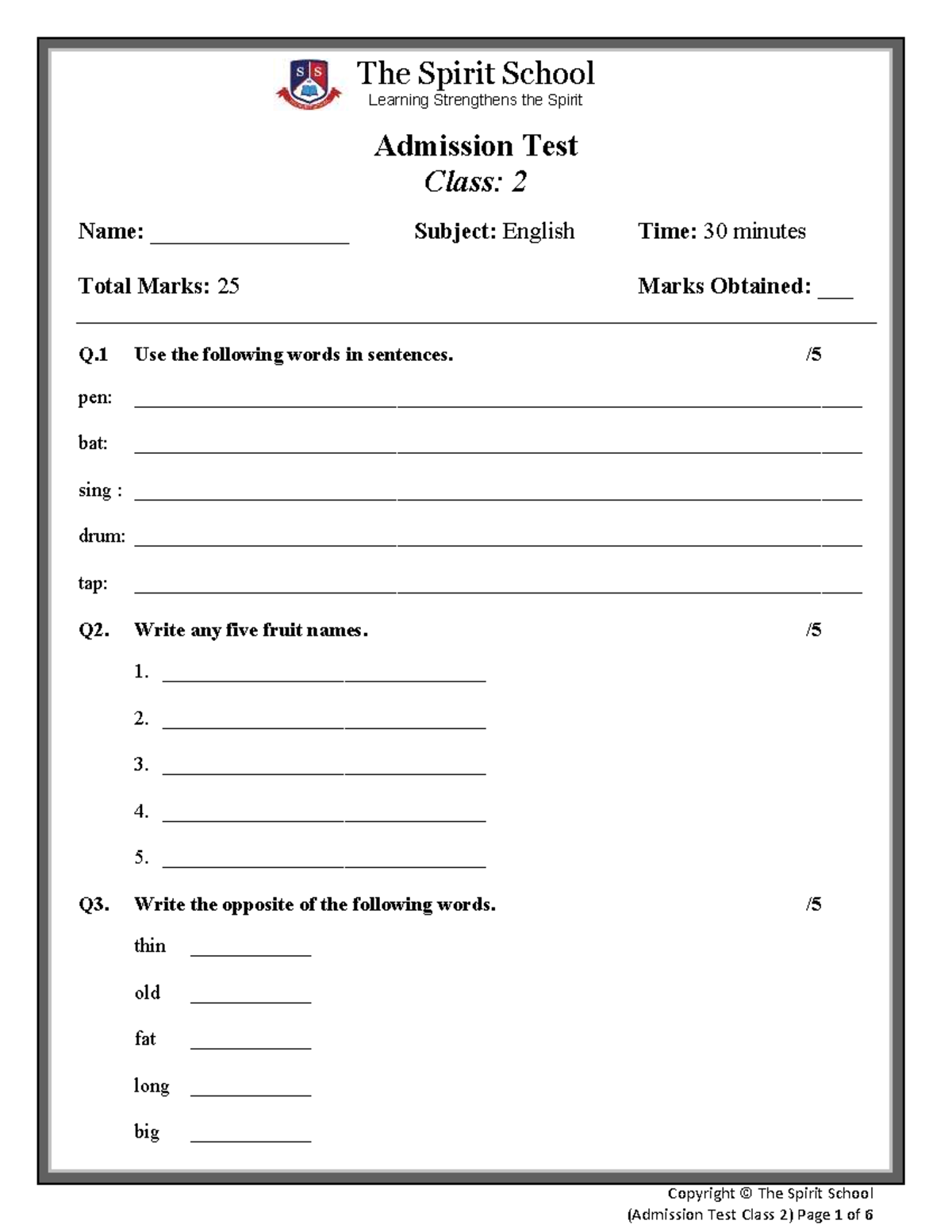 Class 2 Admission Test: English & Urdu - Total Marks 25 - Studocu