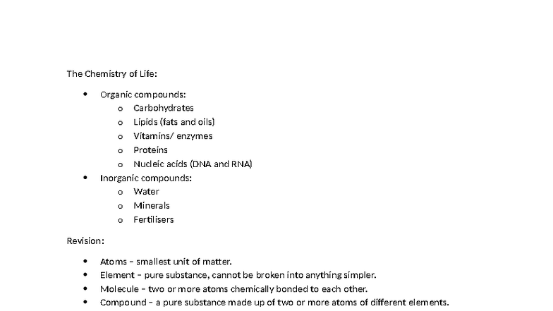 The Chemistry of Life: Organic & Inorganic Compounds Overview - Studocu