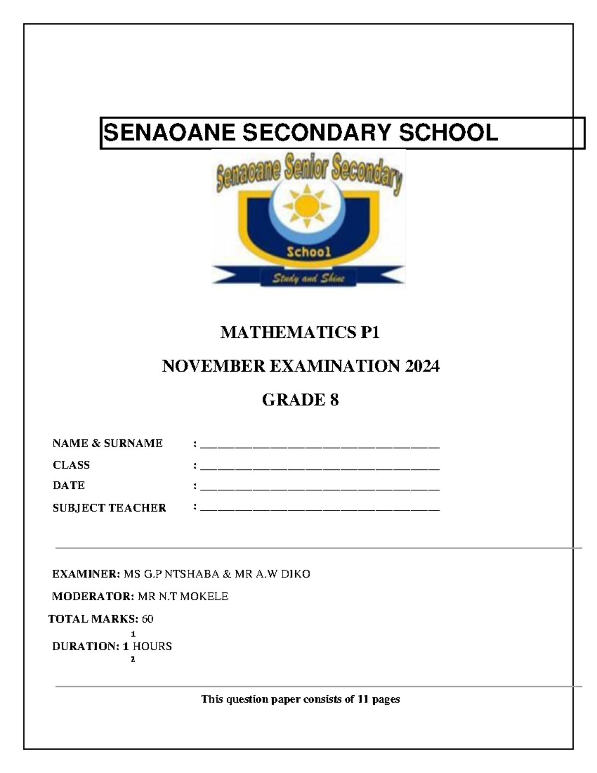 Grade 8 Maths November Exam Paper P1 2024 - Complete Guide - Studocu