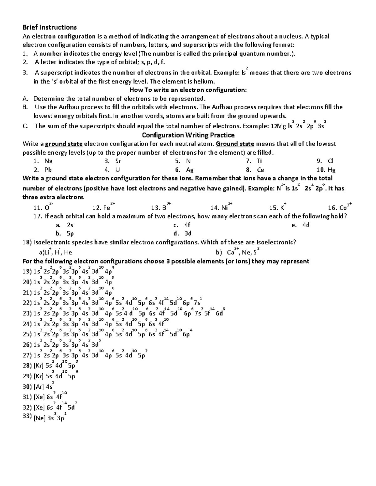 SCH4U Electron Configuration Practice Worksheet - Studocu