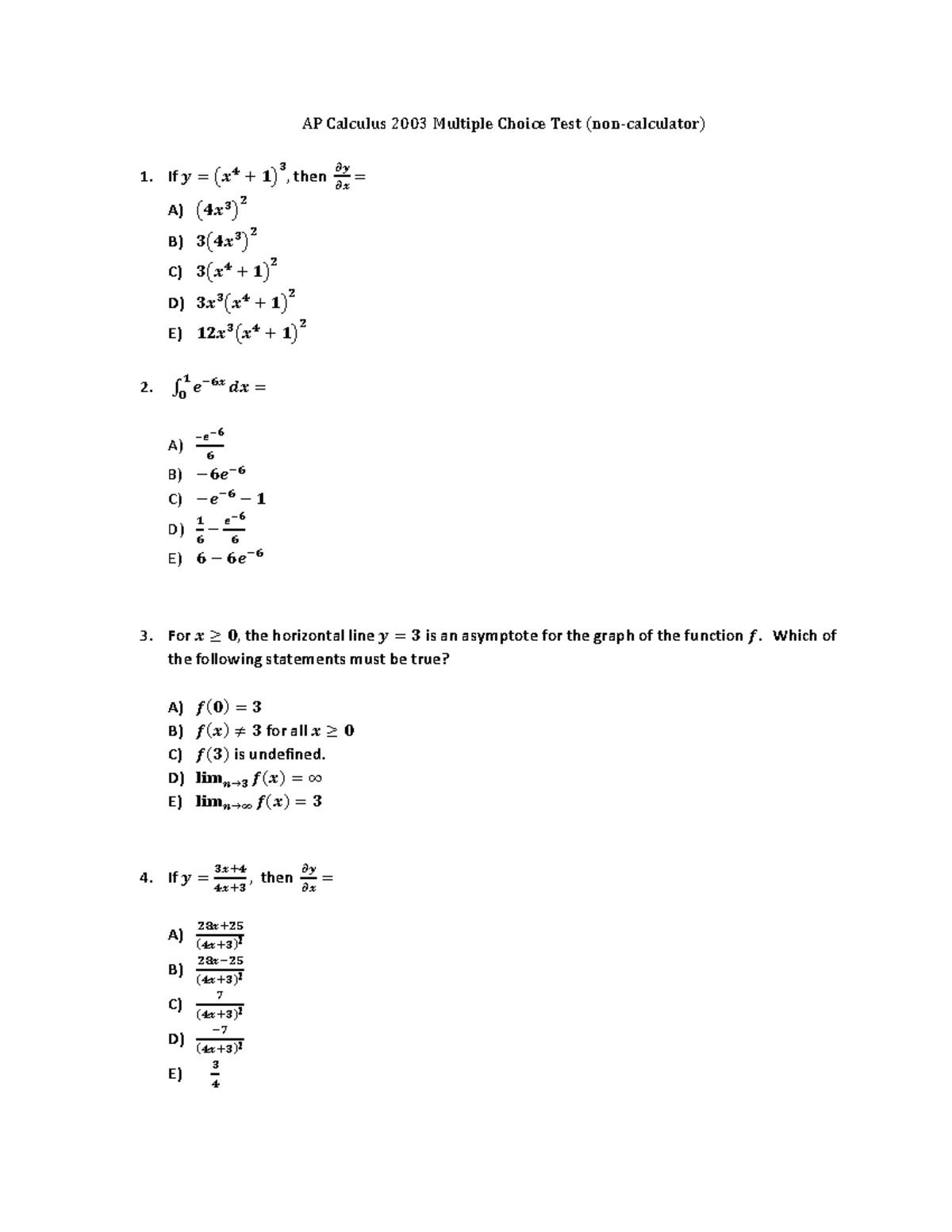 2003 ap-calc-mc - 2003 AP calculus AB paper - AP Calculus 2003 Multiple ...