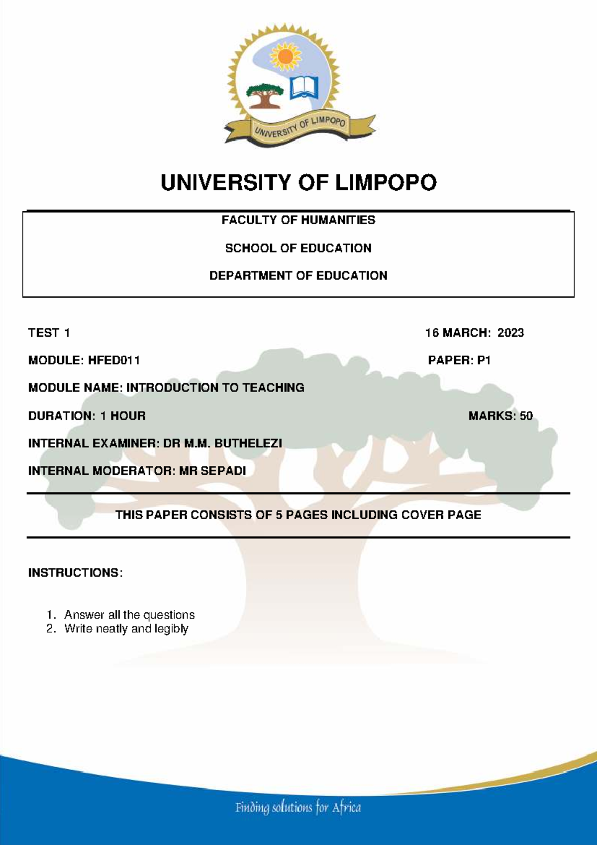 2023 HFED011 TEST 1 - Introduction to Teaching Practice Questions - Studocu