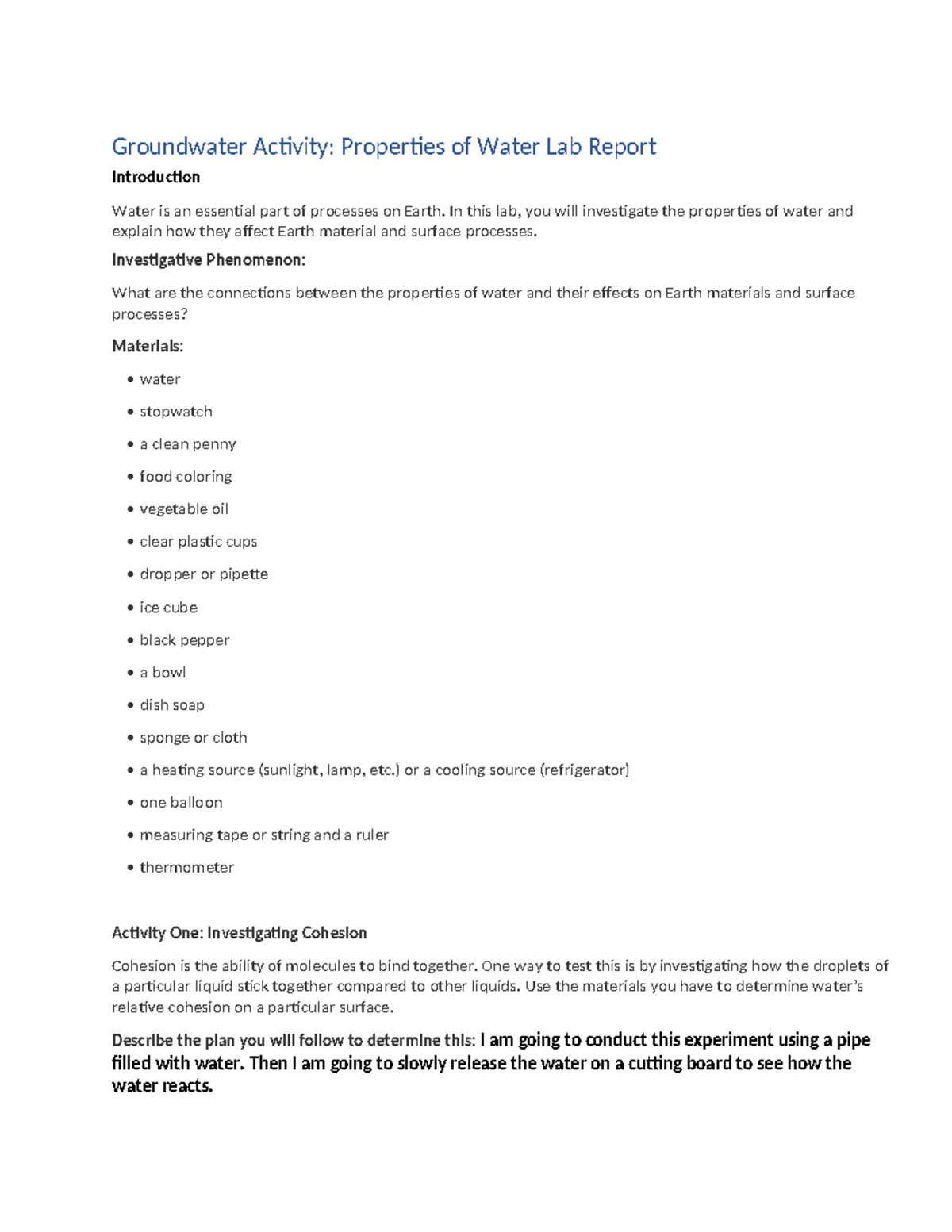 Groundwater lab report - Groundwater Activity: Properties of Water Lab ...