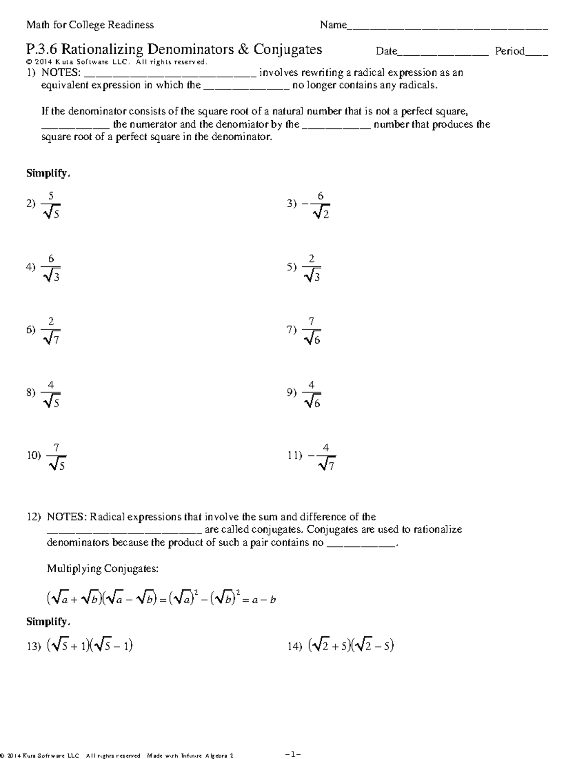 Rationalizing Denominators and Conjugates: A Worksheet for MATH 101 ...