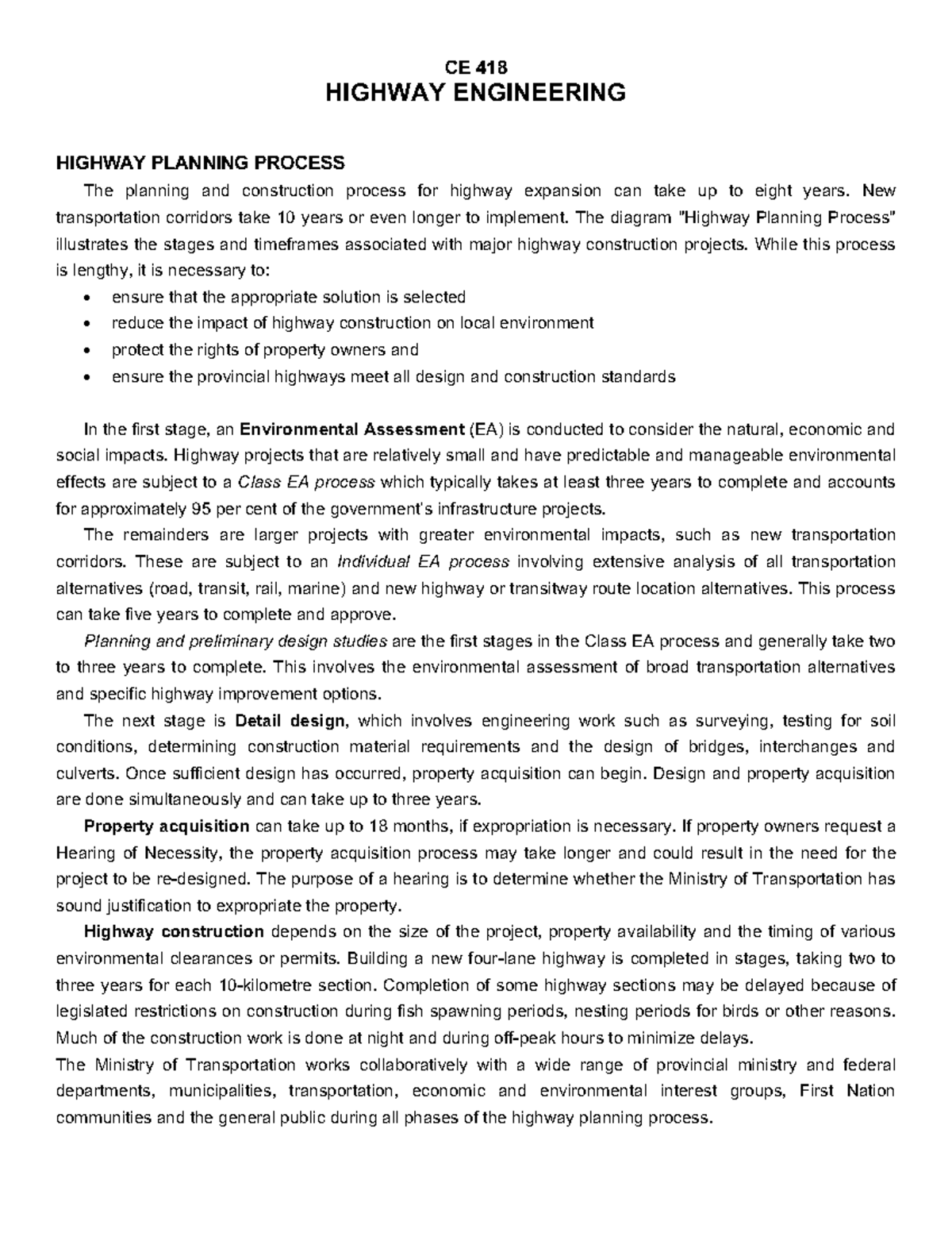 Highway Engineering Notes (CE 418) - Detailed Study Guide - Studocu
