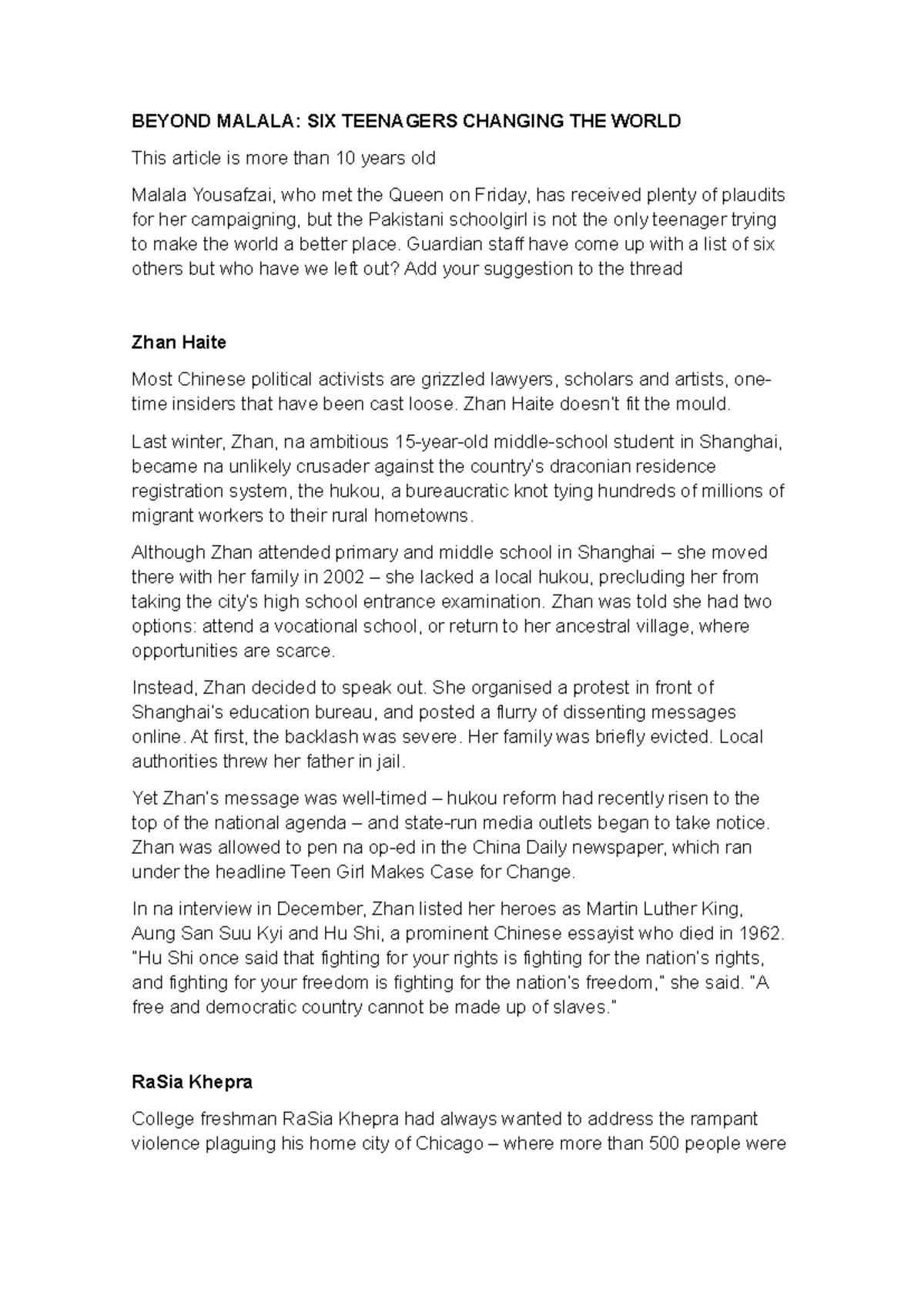 Teenagers Changing the World: Profiles of Inspiring Youth Activists ...