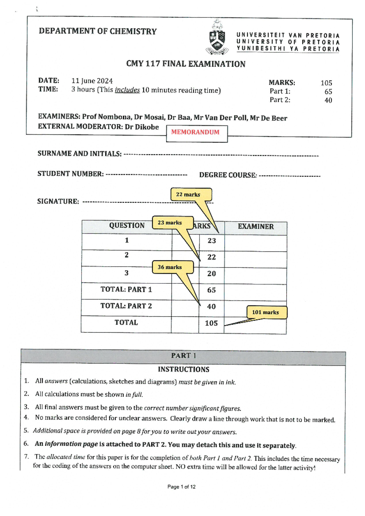 CMY 117 FINAL EXAMINATION MEMORANDUM - 11 June 2024 - Studocu