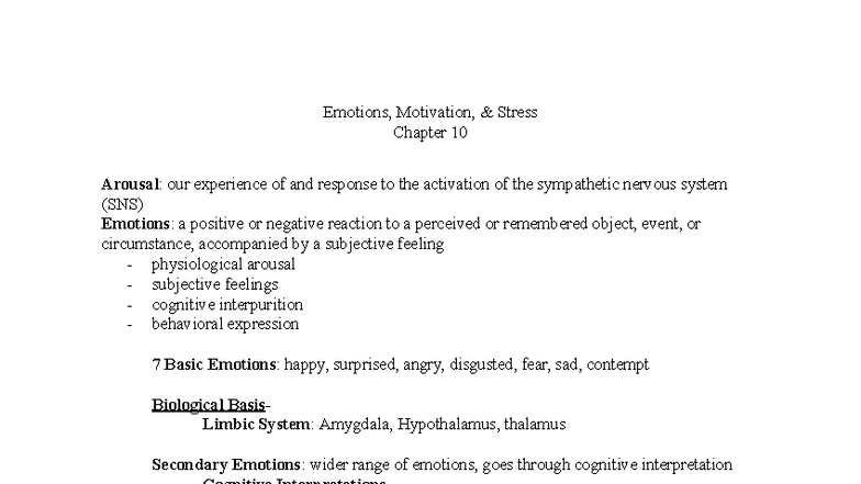 Chapter 10: Emotions, Motivation, and Stress Theories (PSY 101) - Studocu