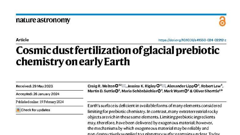 Nature Astronomy Article: Cosmic Dust and Prebiotic Chemistry on Early ...
