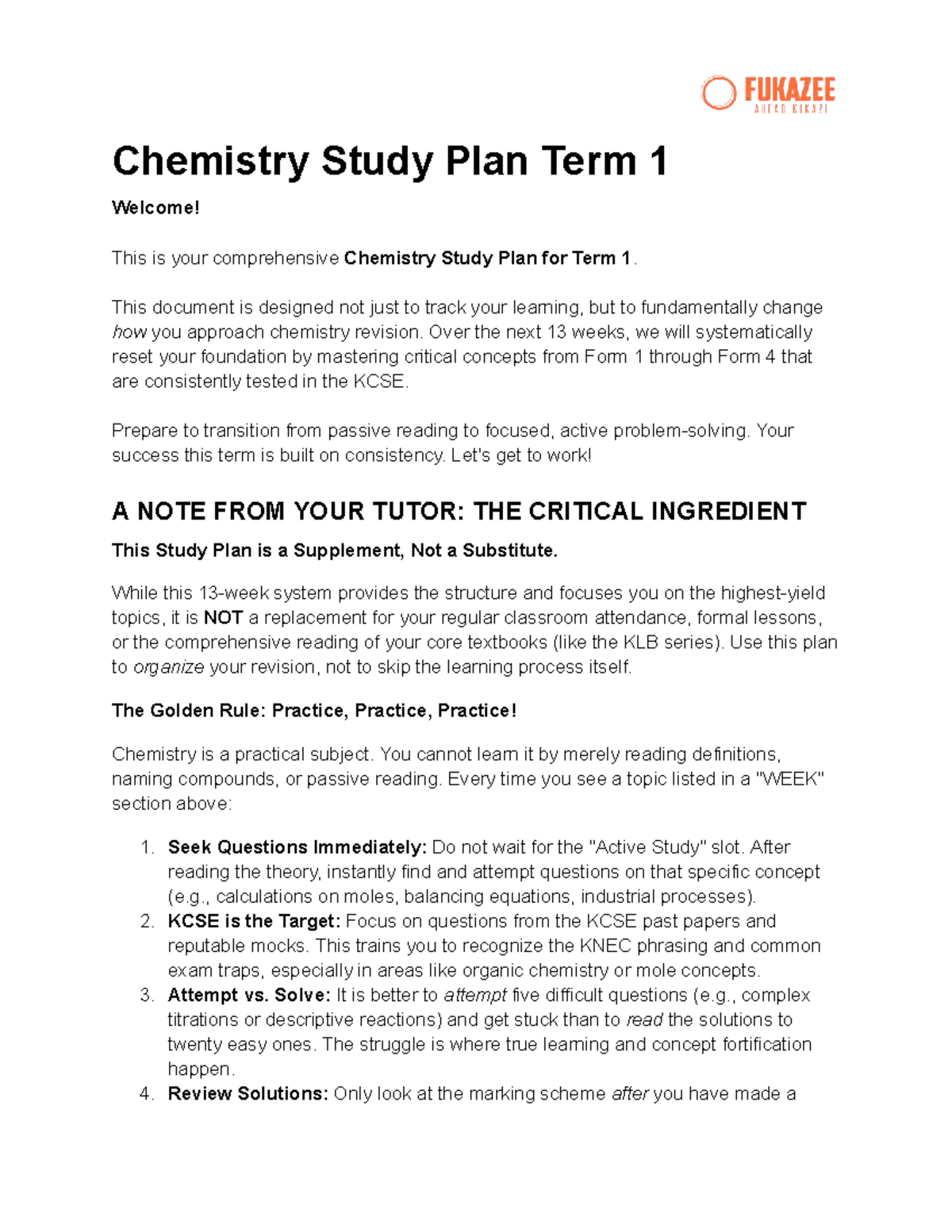 Chemistry Study Plan Term 1: Mastering Concepts for KCSE Success - Studocu