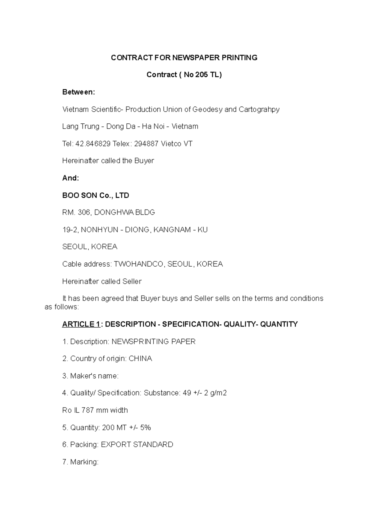 Contract for Newspaper Printing (No 205 TL) - Terms & Conditions - Studocu