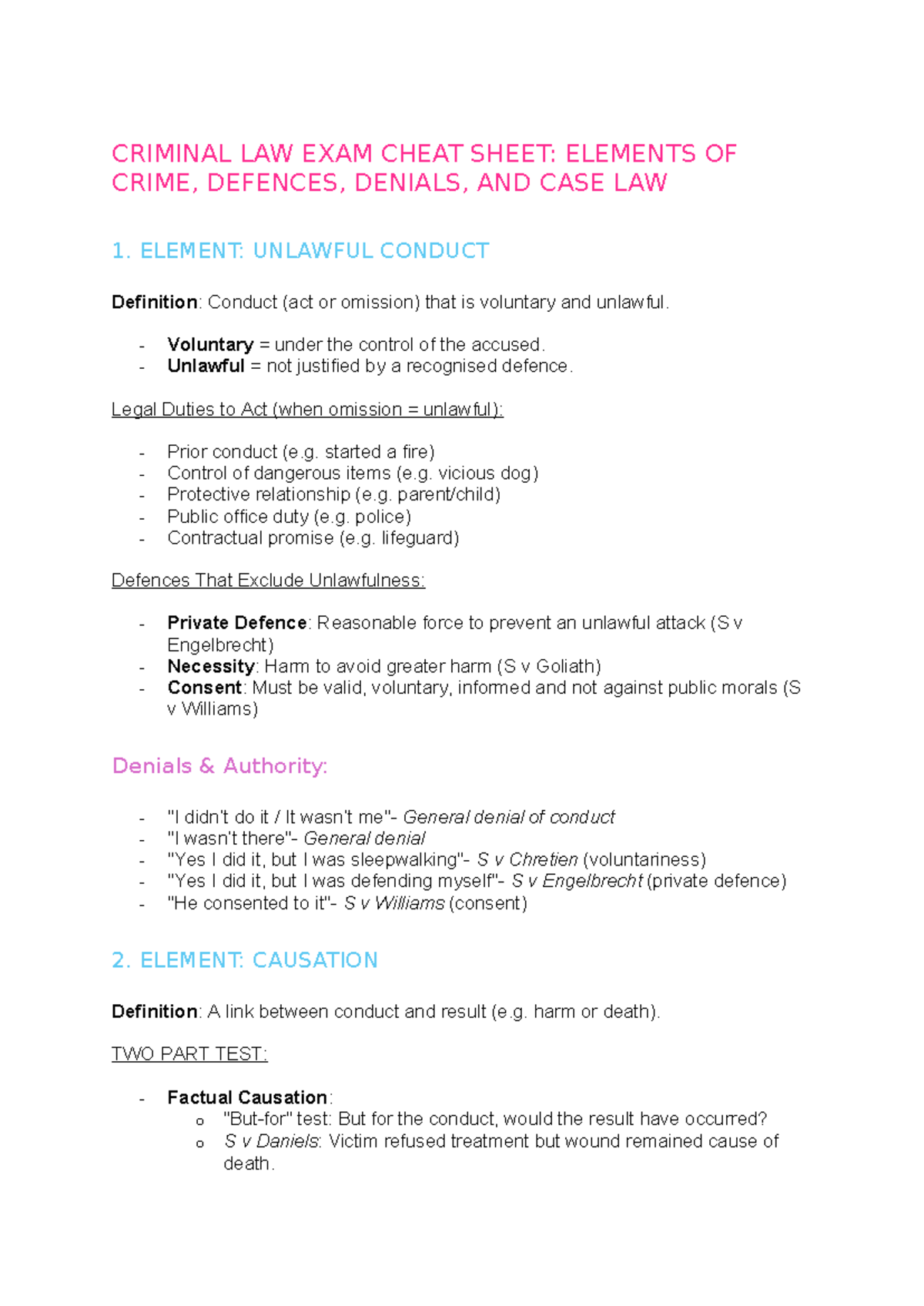 CRIMINAL LAW 101: EXAM CHEAT SHEET ON ELEMENTS, DEFENCES & CASE LAW ...