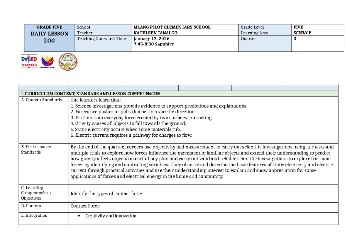 GRADE FIVE SCIENCE DAILY LESSON LOG (DLL) 2025-2026 - Studocu