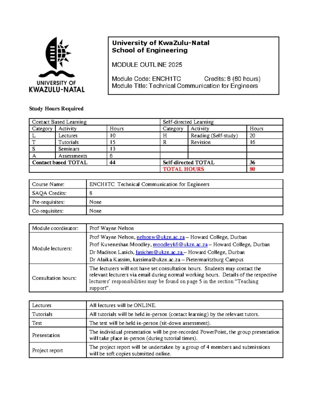 ENCH1TC 2025 Technical Communication Module Outline & Study Hours - Studocu