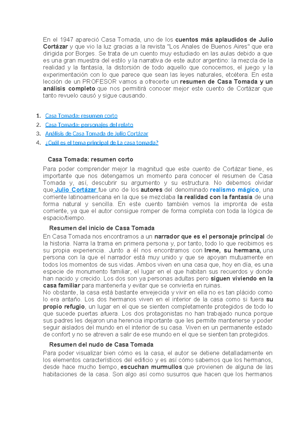 Análisis y Resumen de "Casa Tomada" - Cuento de Julio Cortázar - Studocu