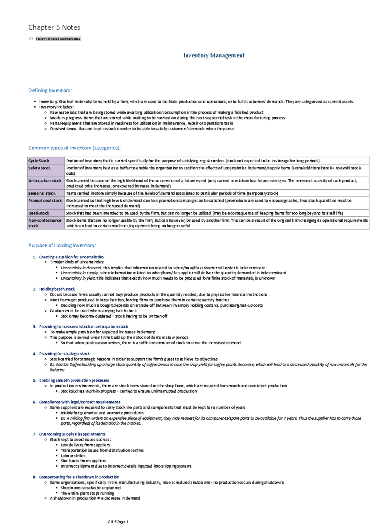 Chapter 5 Inventory Management Notes OBS210 - Studocu