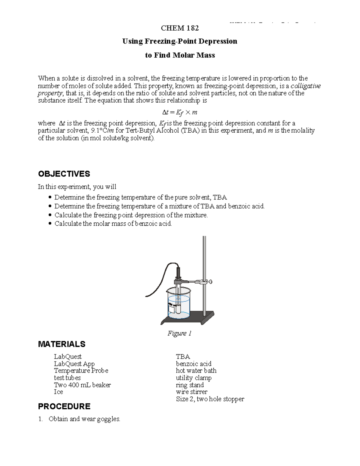 Chem 182 Lab: Using Freezing-Point Depression to Determine Molar Mass ...