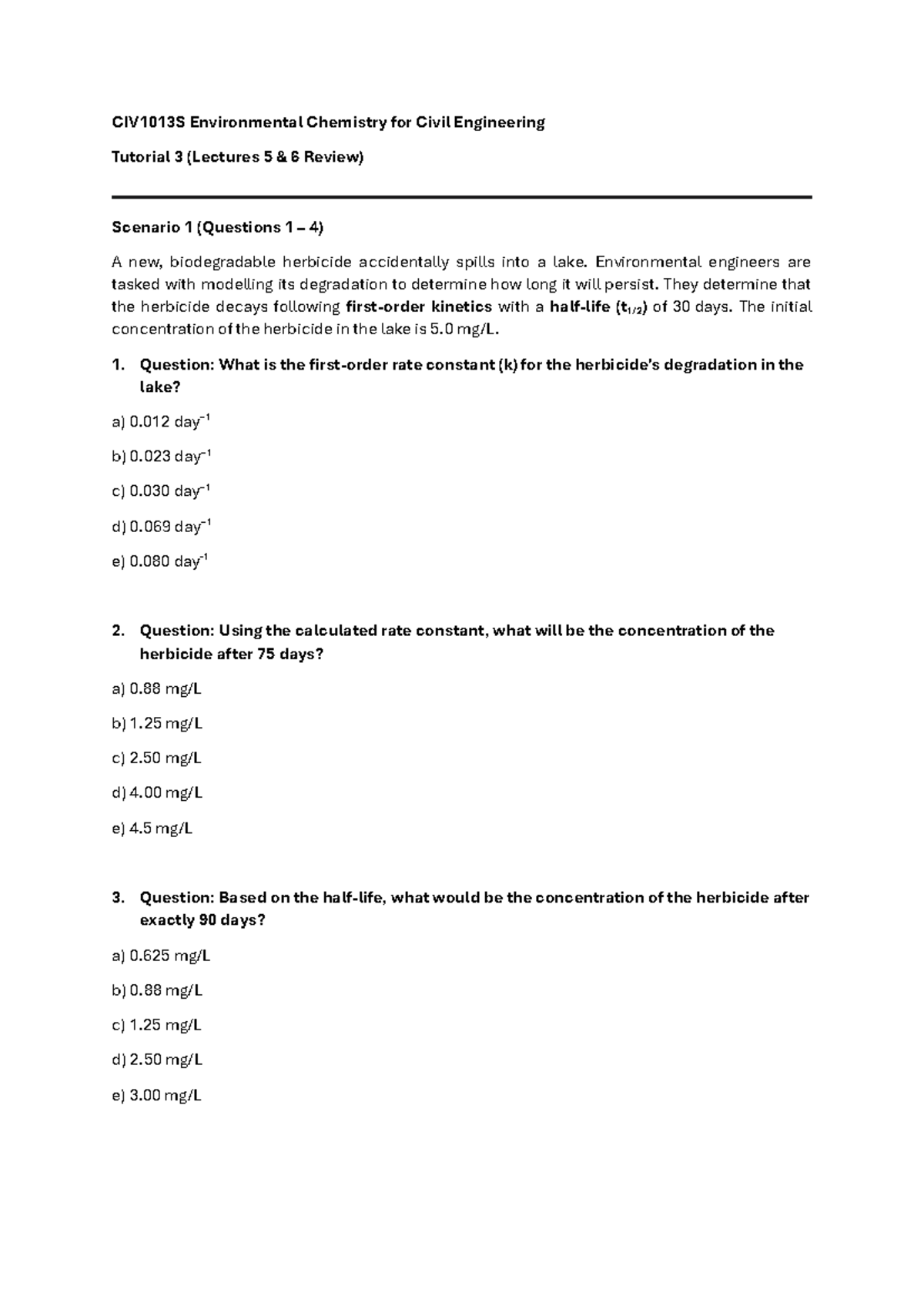 CIV1013S Environmental Chemistry Tutorial 3: Questions & Solutions ...