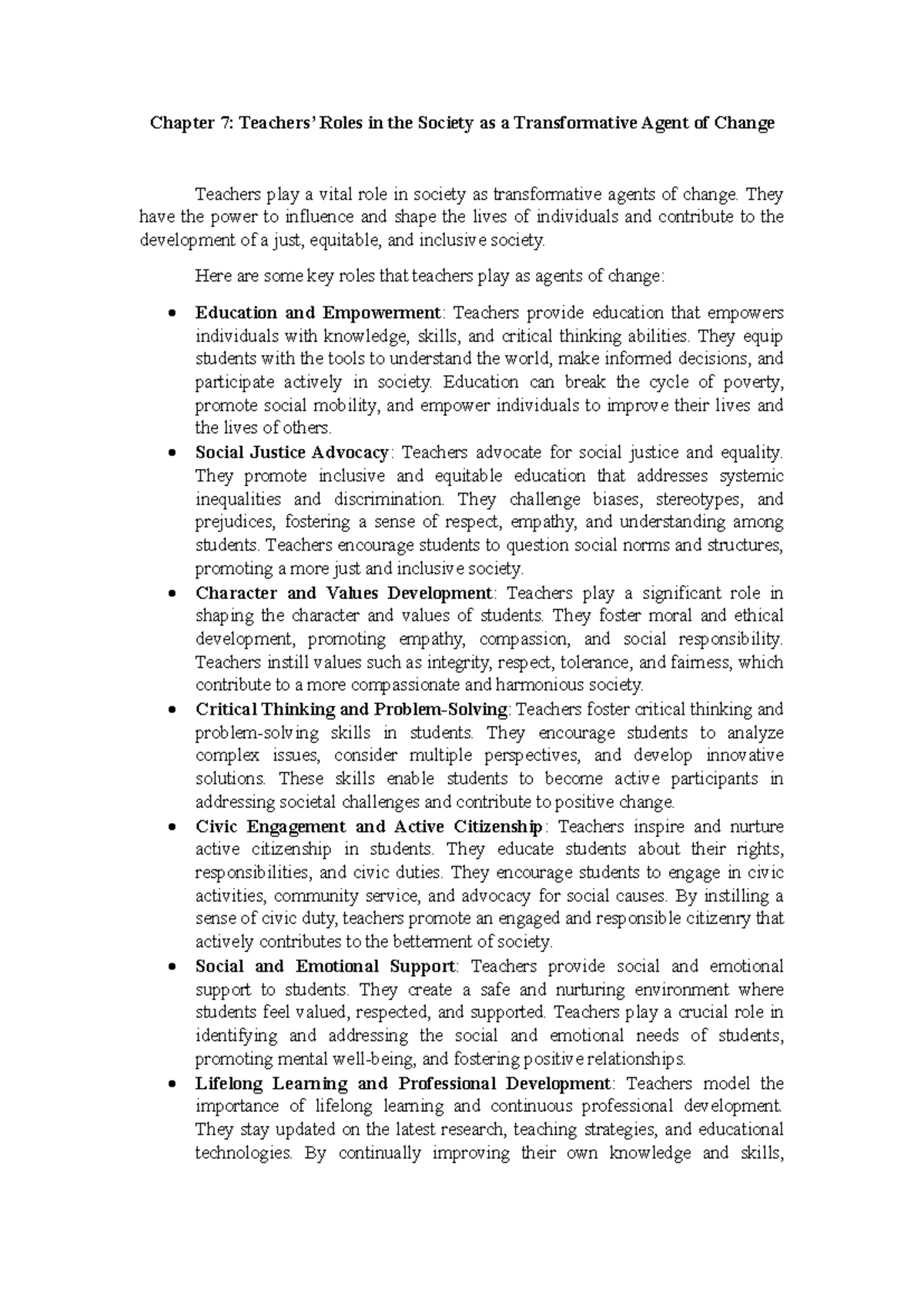 Transformative Educ 112: Teachers as Agents of Change in Society - Studocu