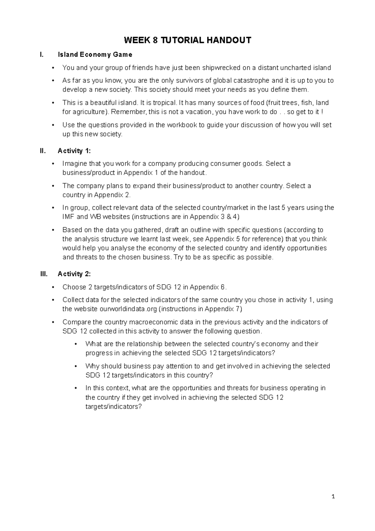 WEEK 8 TUTORIAL HANDOUT: Island Economy Game & SDG Analysis - Studocu