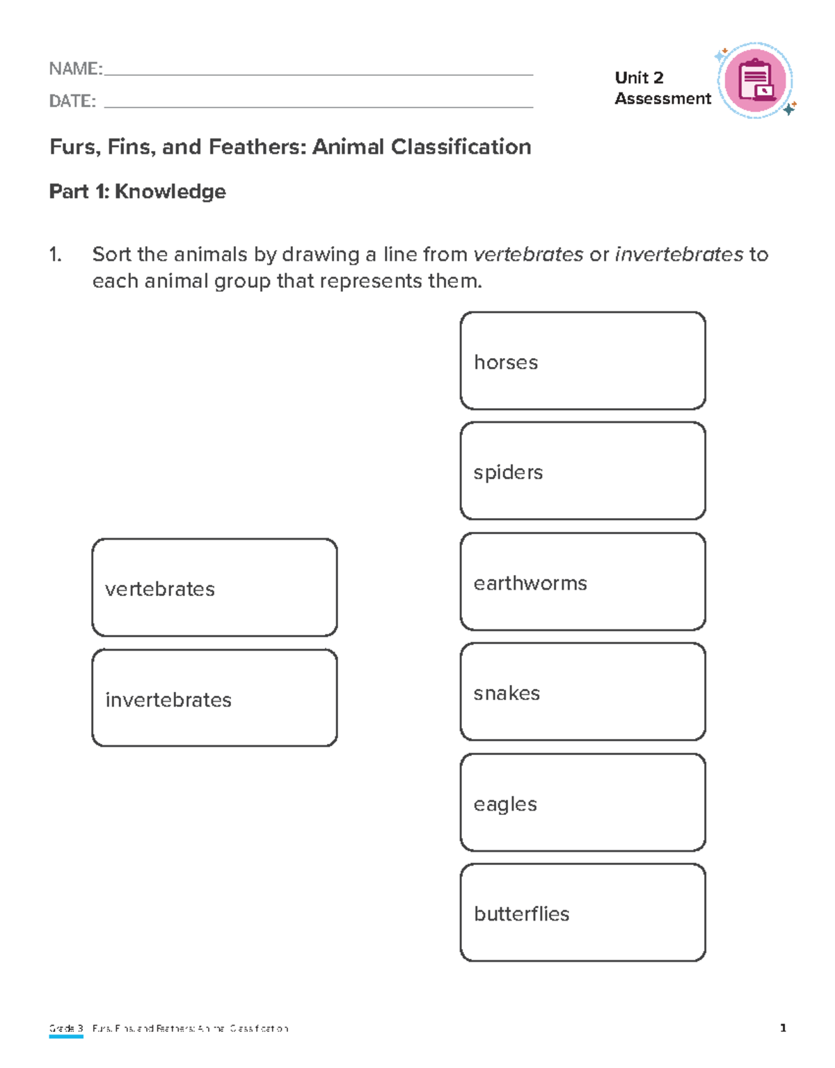 Unit 2 Assessment: Furs, Fins, and Feathers - Animal Classification ...