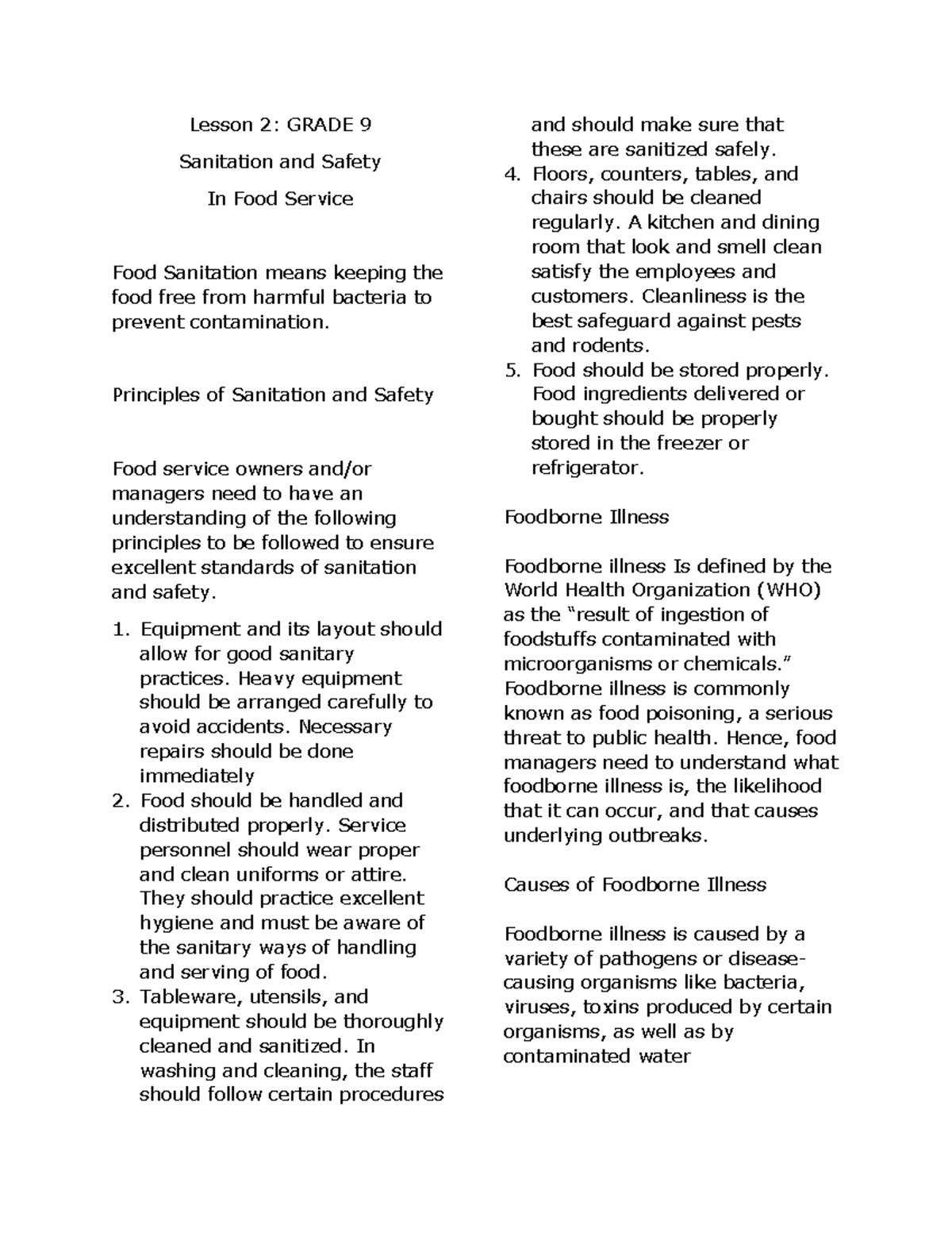 Grade 9 Lesson 2: Sanitation & Safety in Food Service - Studocu