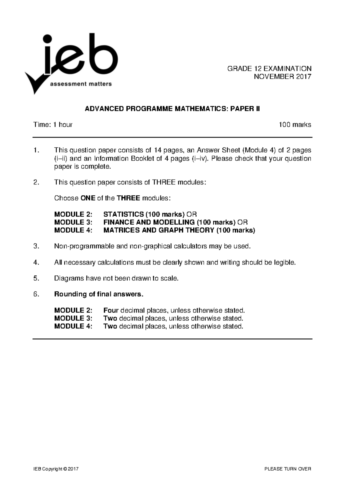 AP Maths Past Paper P2 2017: Detailed Questions and Solutions - Studocu