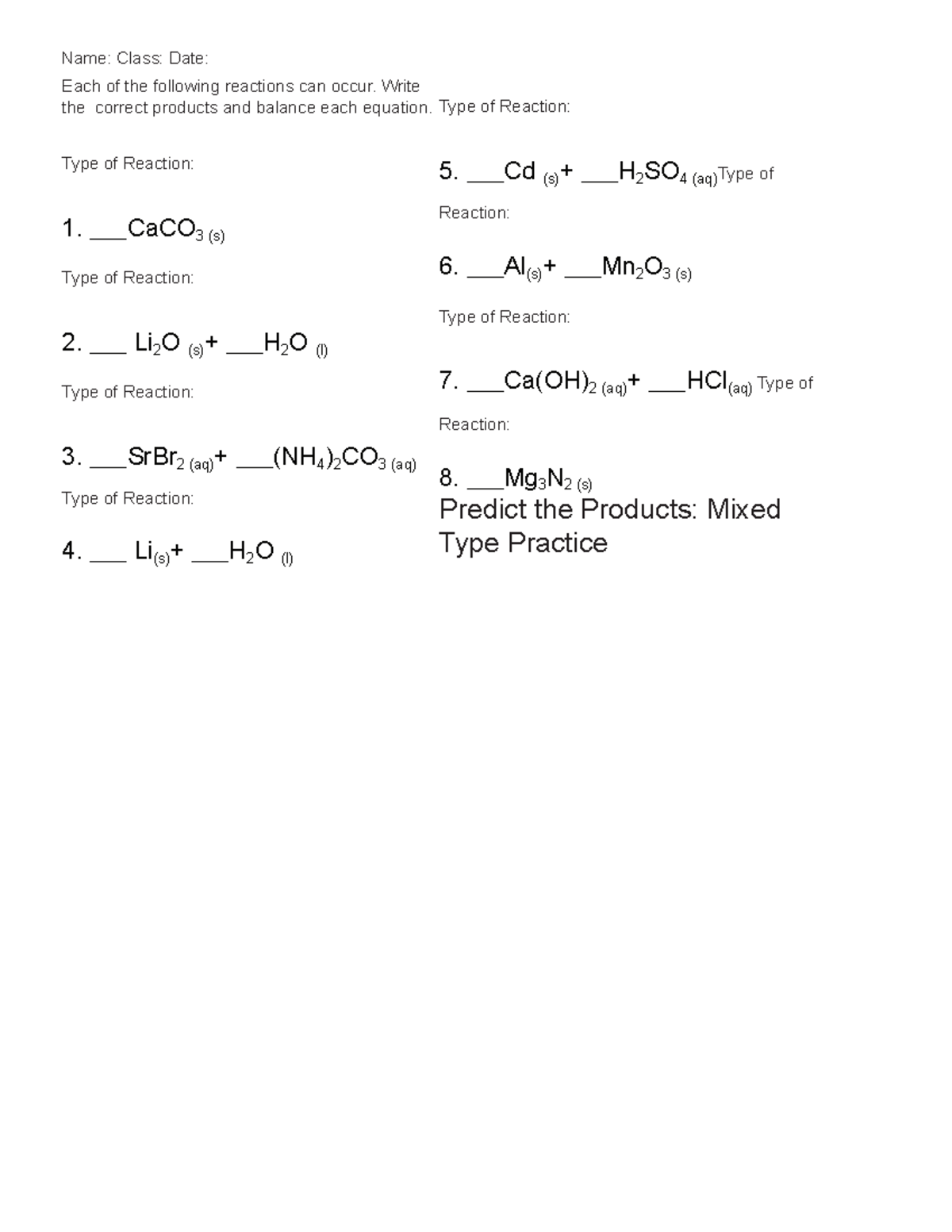 16 - Predict Products for Mixed Type Reactions Homework Worksheet - Studocu